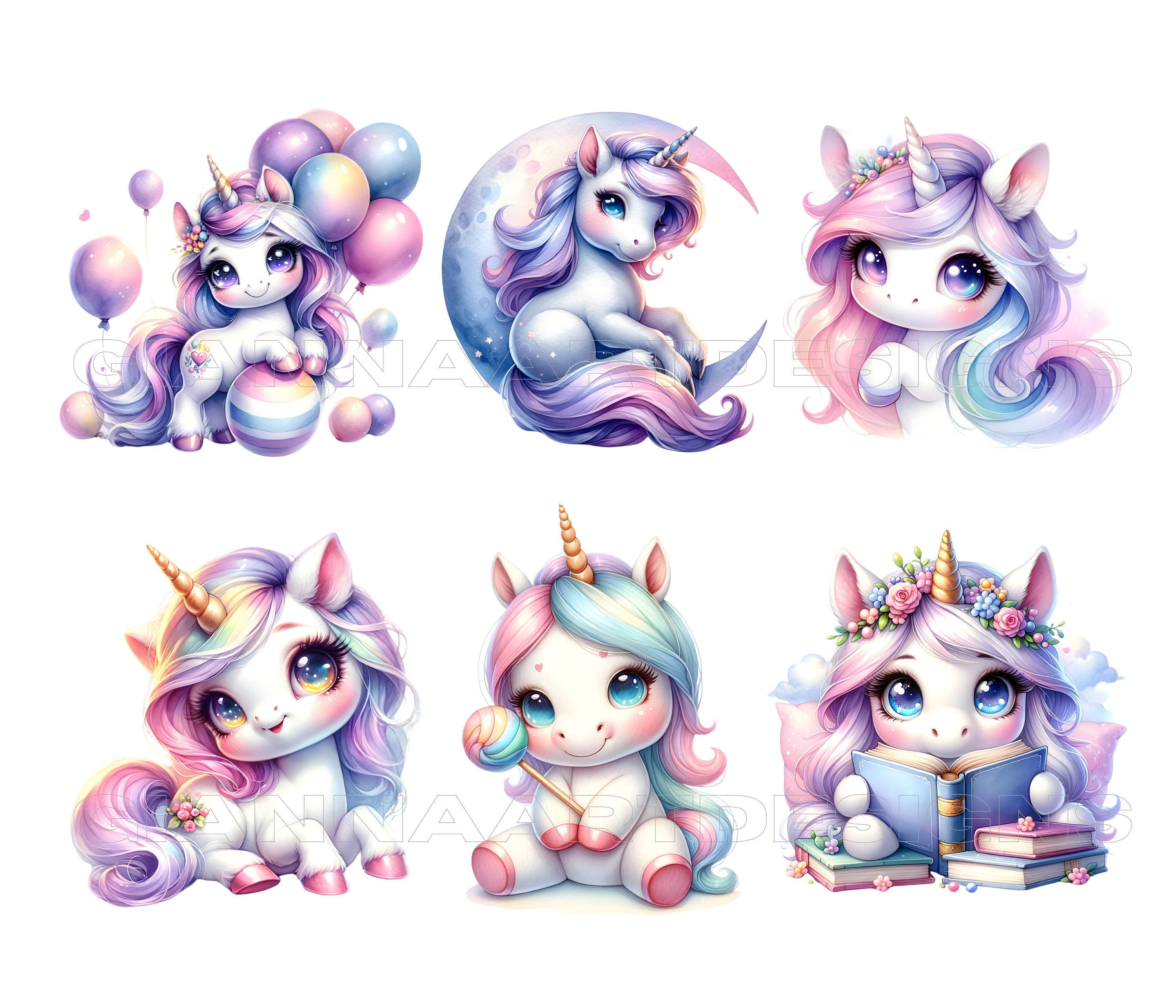 Pastel Unicorn Clipart - Cute Watercolor Unicorns PNG, Digital Download ...