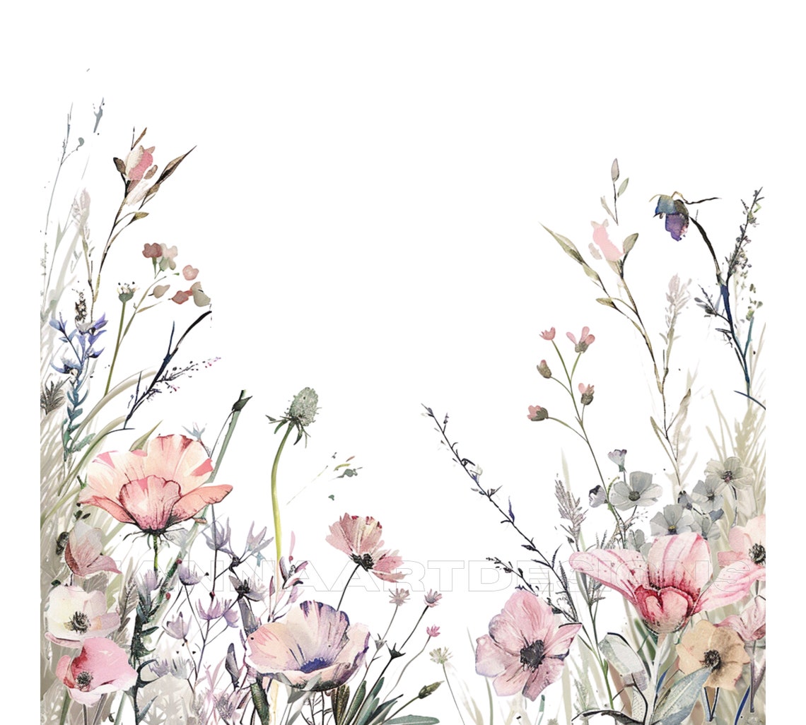 Wildflower Borders Watercolor Clipart: Vibrant Wild Flowers PNG, Nature ...