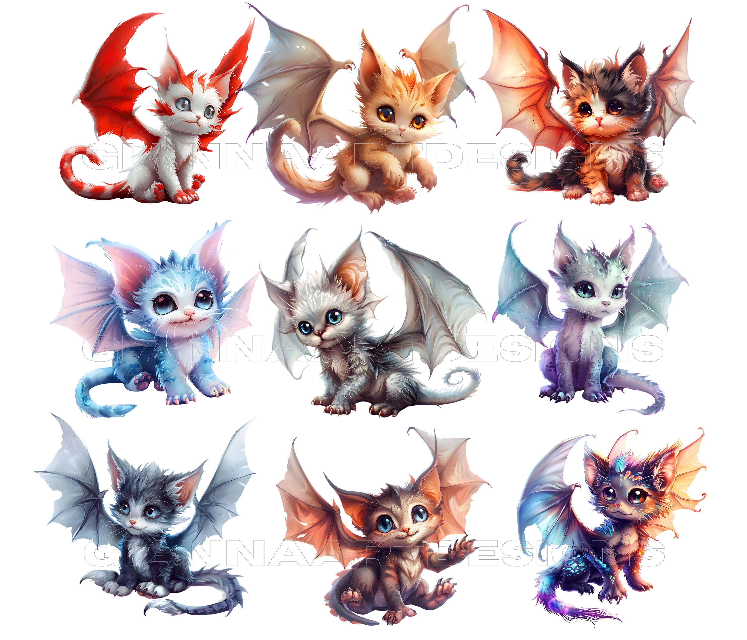 Whimsical Dragon Cat Clipart - Cute Watercolor Fantasy Creatures PNG ...