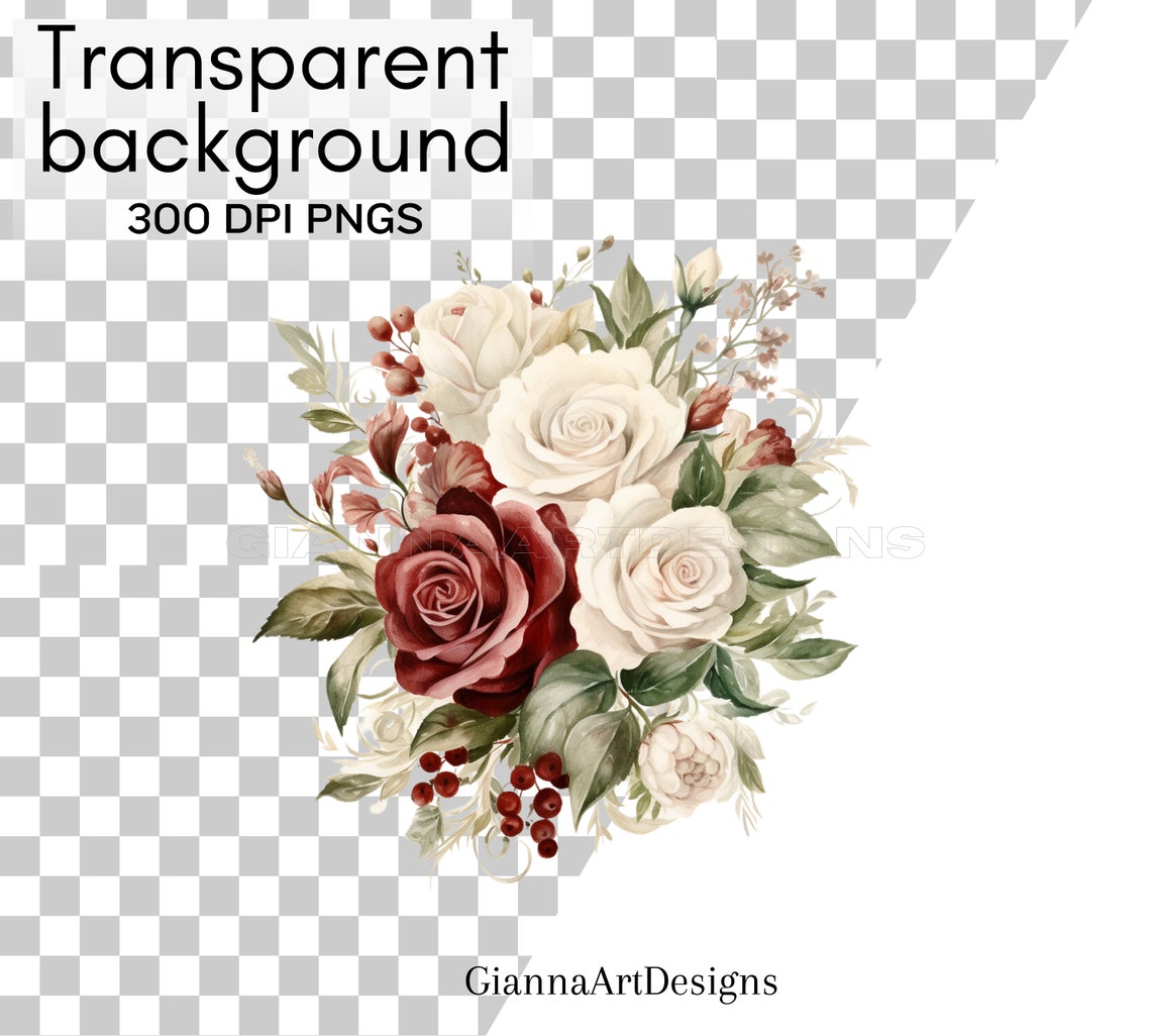 Dramatic Maroon Roses Watercolor Clipart: Deep Red Rose PNG, Luxurious ...