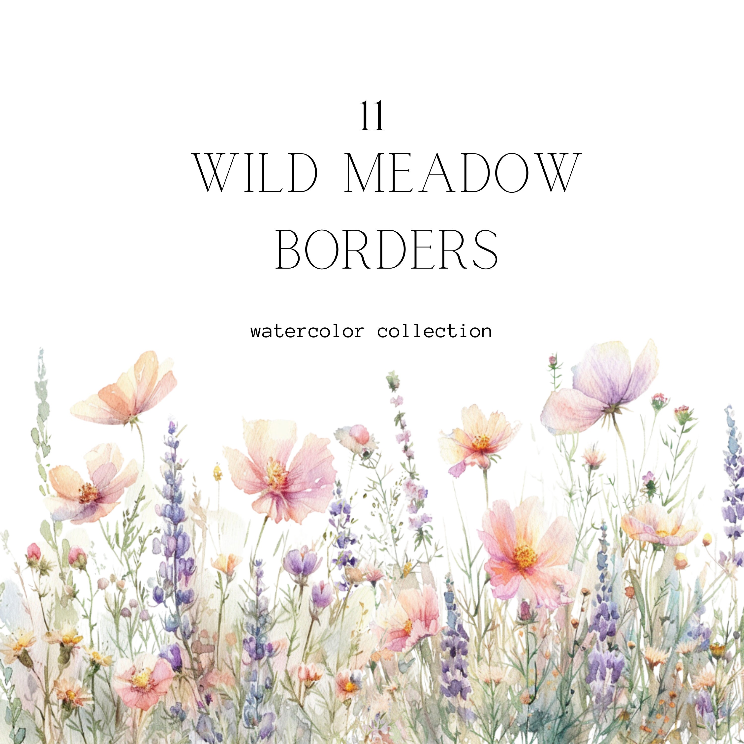 Wild Meadow Flowers Borders in Pastel Watercolor - PNG Digital Download ...