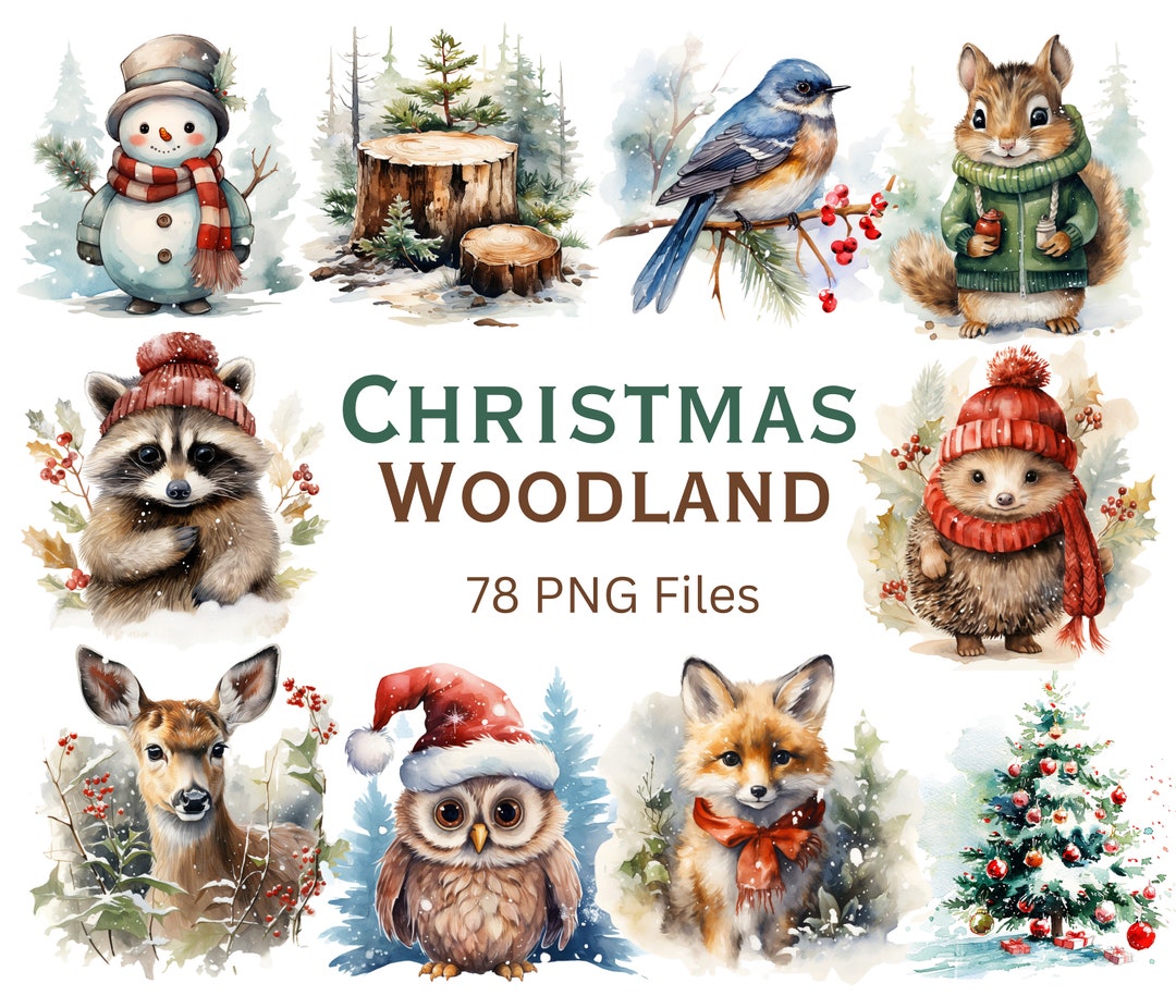 Watercolor Christmas Woodland Clipart Bundle Santa, Animals, Trees ...