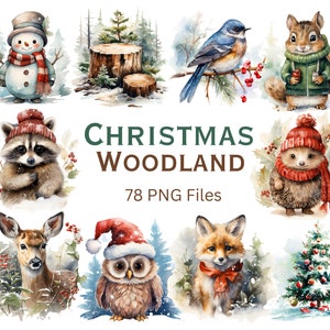Watercolor Christmas Woodland Clipart Bundle - Santa, Animals, Trees ...