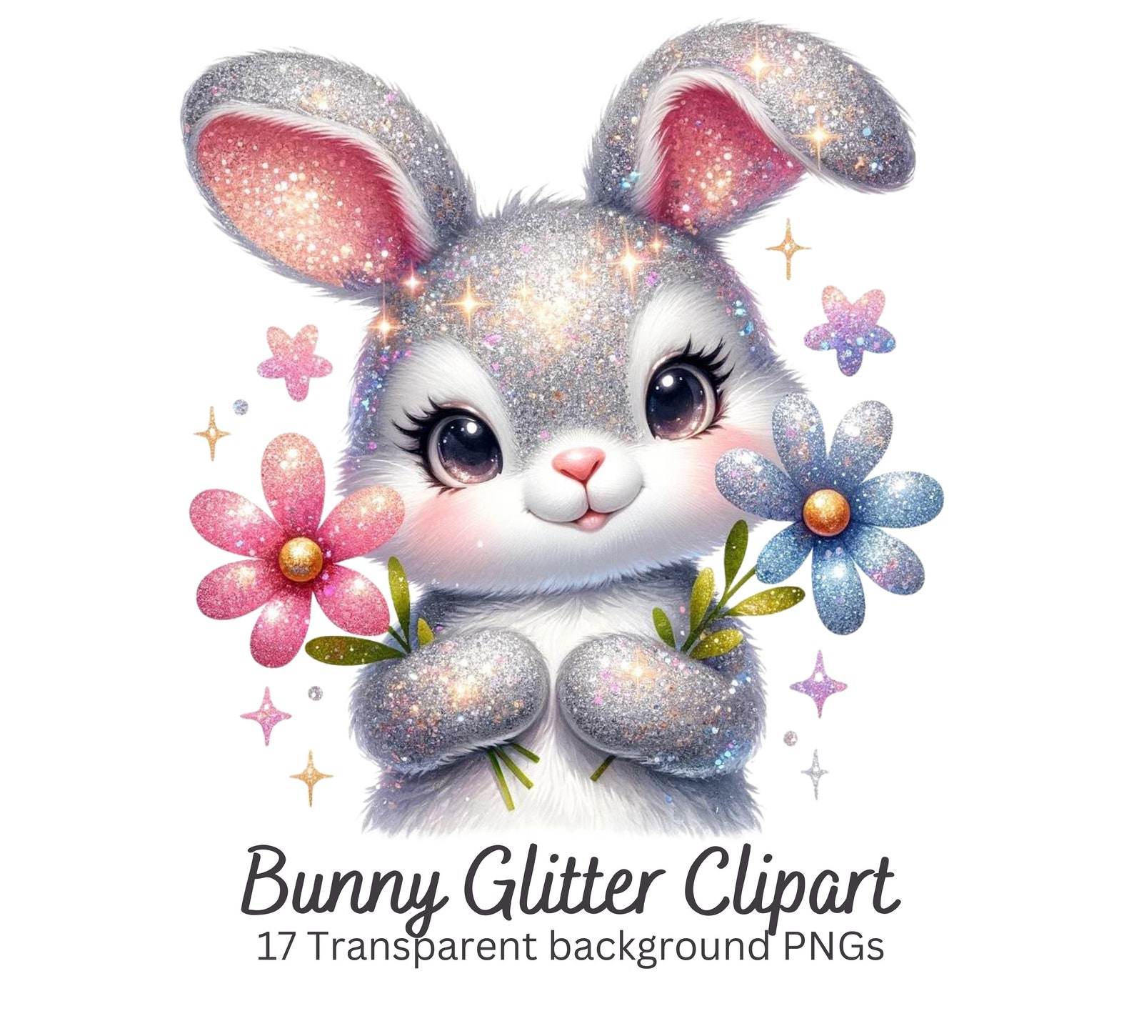 Sparkling Bunny Glitter Clipart: Shiny Rabbit PNG, Festive Spring ...