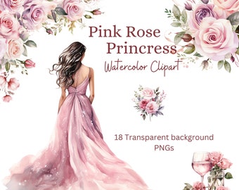 Enchanted Princess & Pink Roses Watercolor Clipart: Princess PNG ...