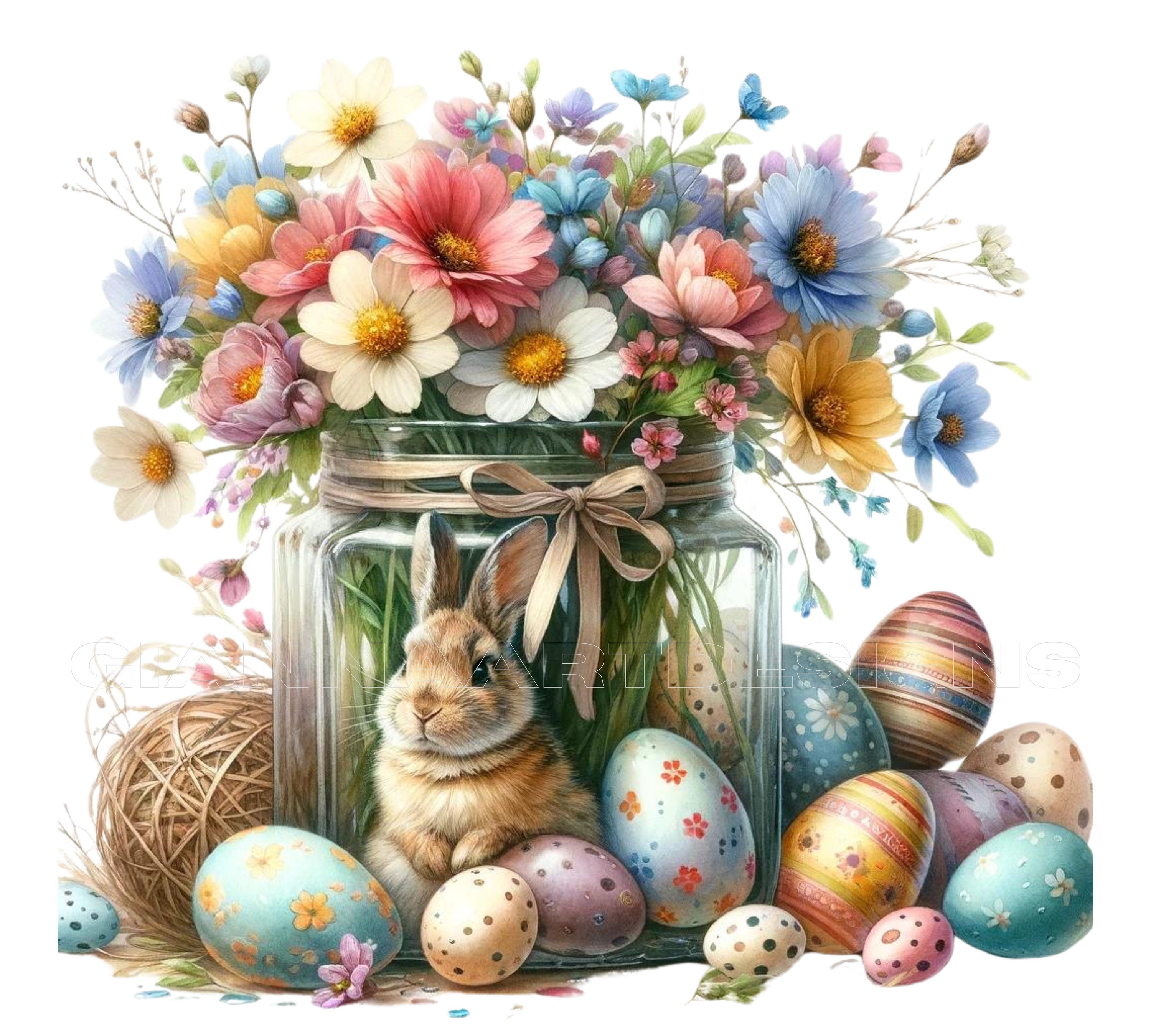 Whimsical Easter Egg & Rabbit Jars Clipart: Watercolor Easter PNG ...