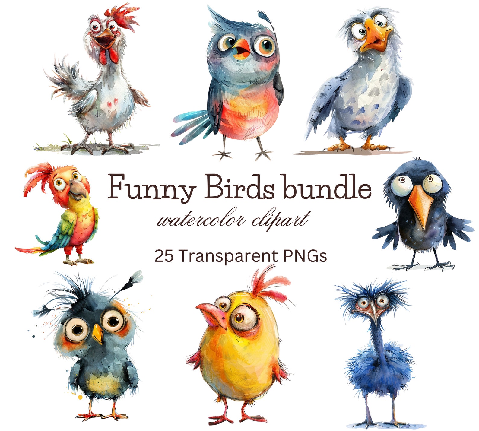 Funny & Cute Birds Watercolor Clipart Bundle: Playful Bird PNG ...