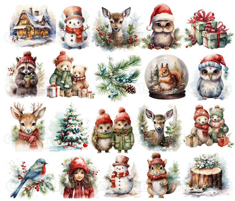 Watercolor Christmas Woodland Clipart Bundle - Santa, Animals, Trees ...