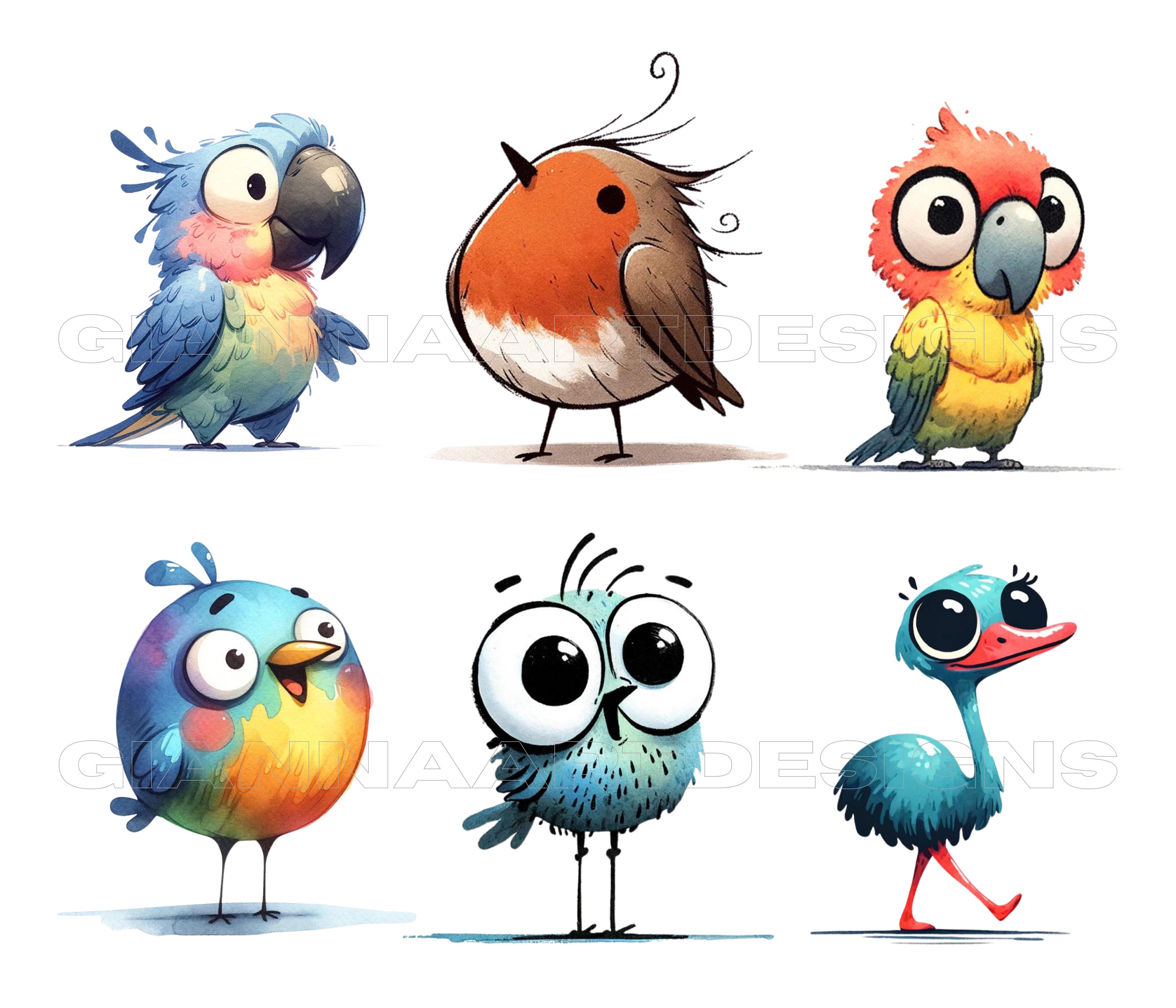Quirky Birds Clipart Set - Cute and Funny Watercolor Birds PNG, Digital ...