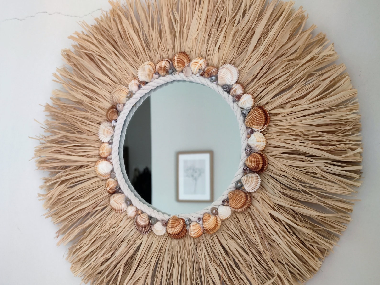 Coastal Round Seashell Mirror With Raffia Straw for Wall Decor/summer ...