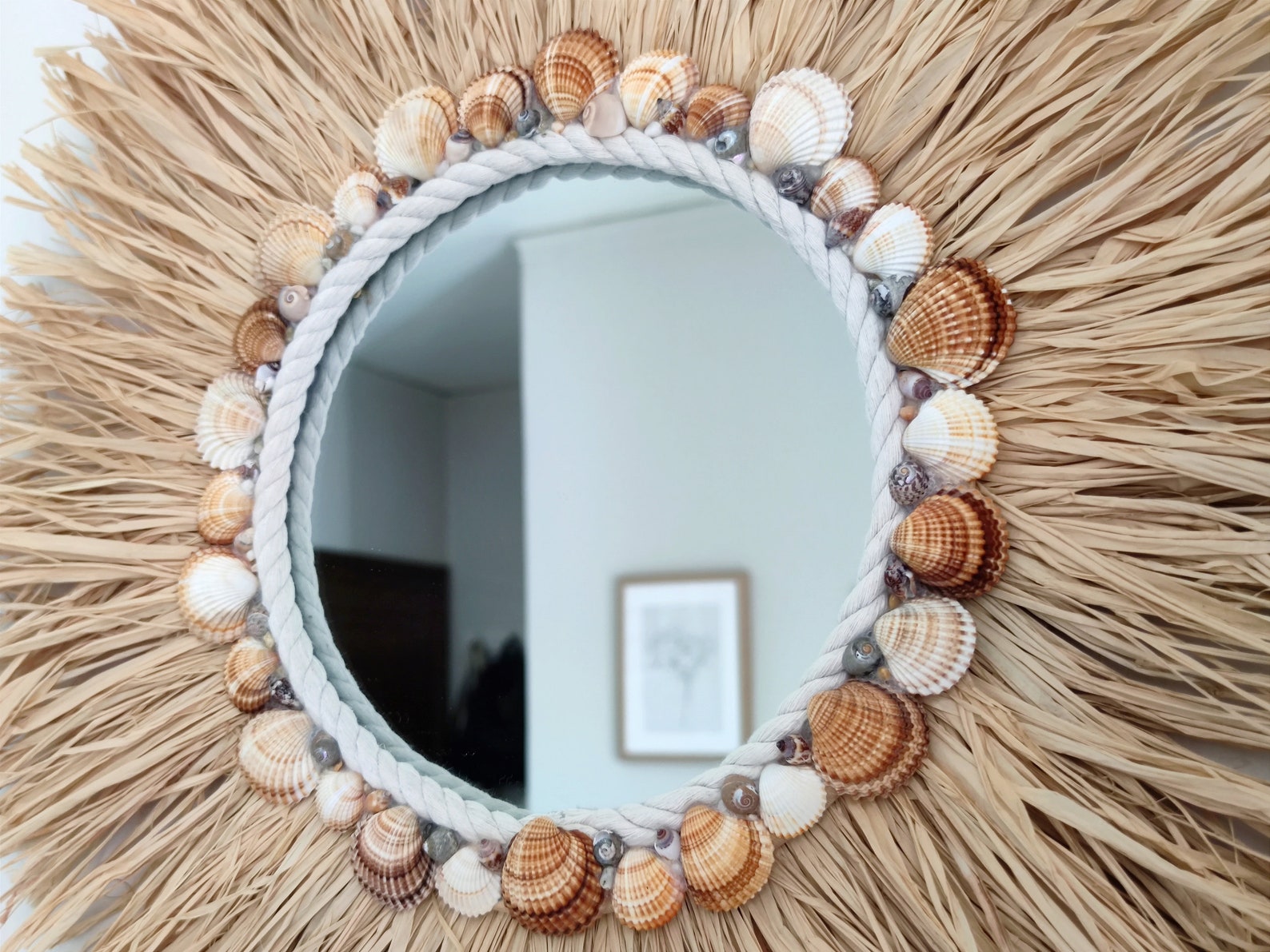 Coastal Round Seashell Mirror With Raffia Straw for Wall Decor/summer ...
