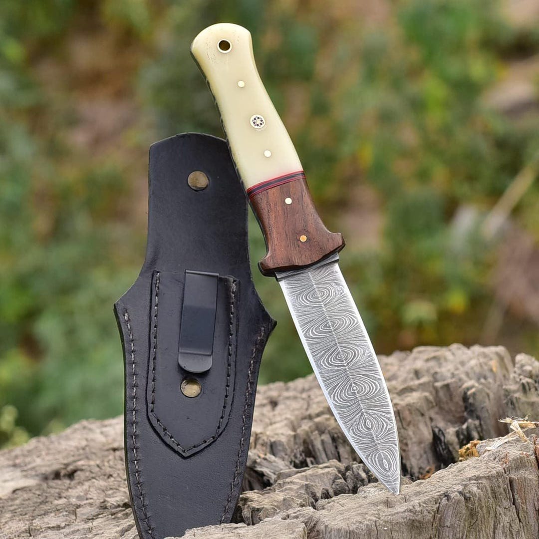 Handmade Damascus Steel Dagger Knife – Leather Sheath, EDC, Camping - Etsy