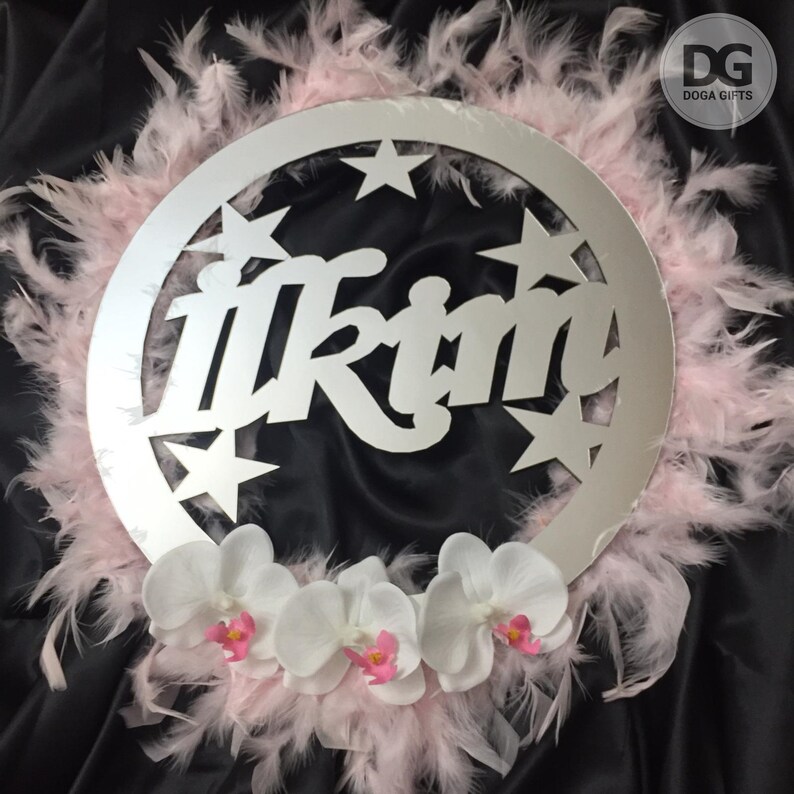 Name Sign With Artificial Feather and Orchid Flowers Round - Etsy