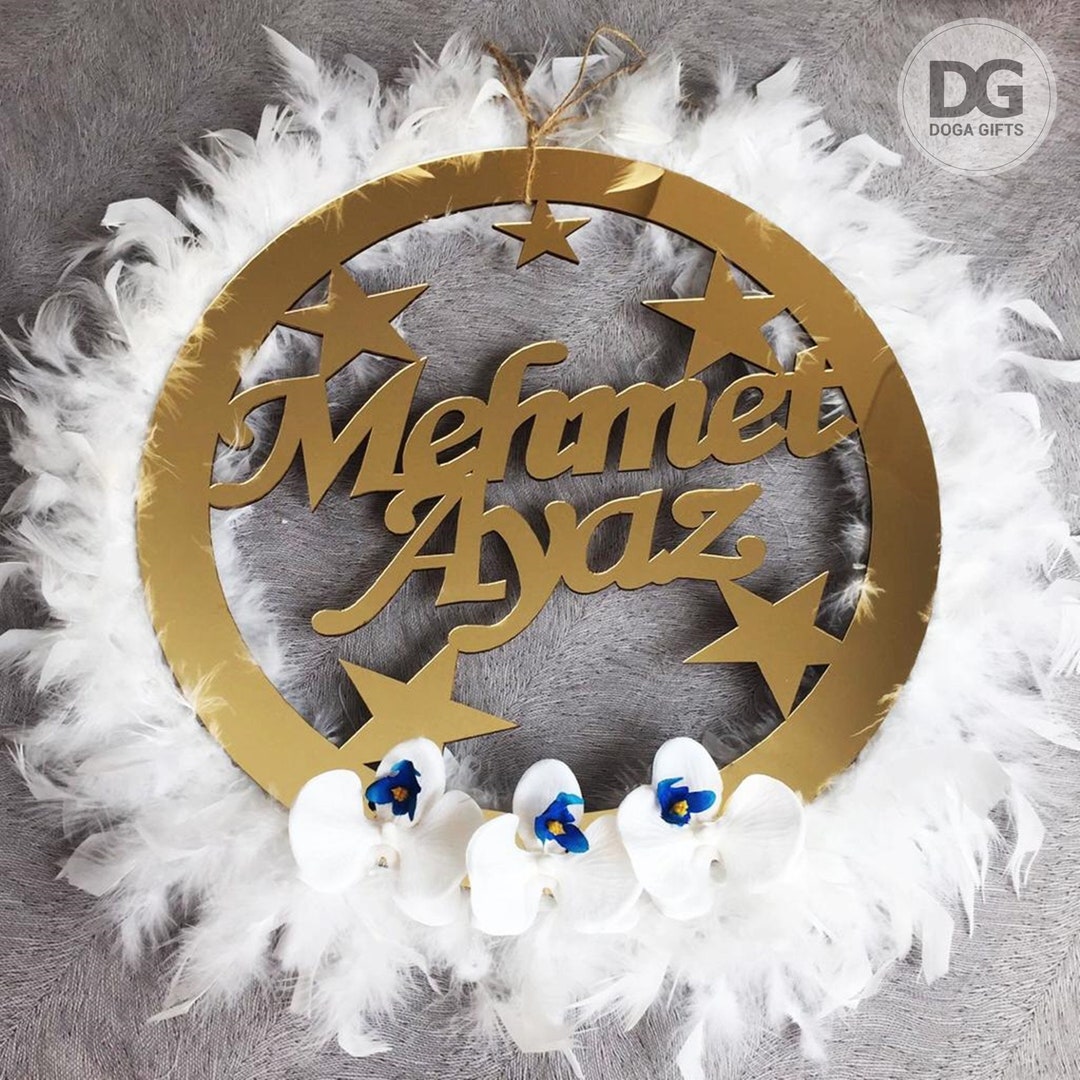 Name Sign With Artificial Feather and Orchid Flowers Round - Etsy