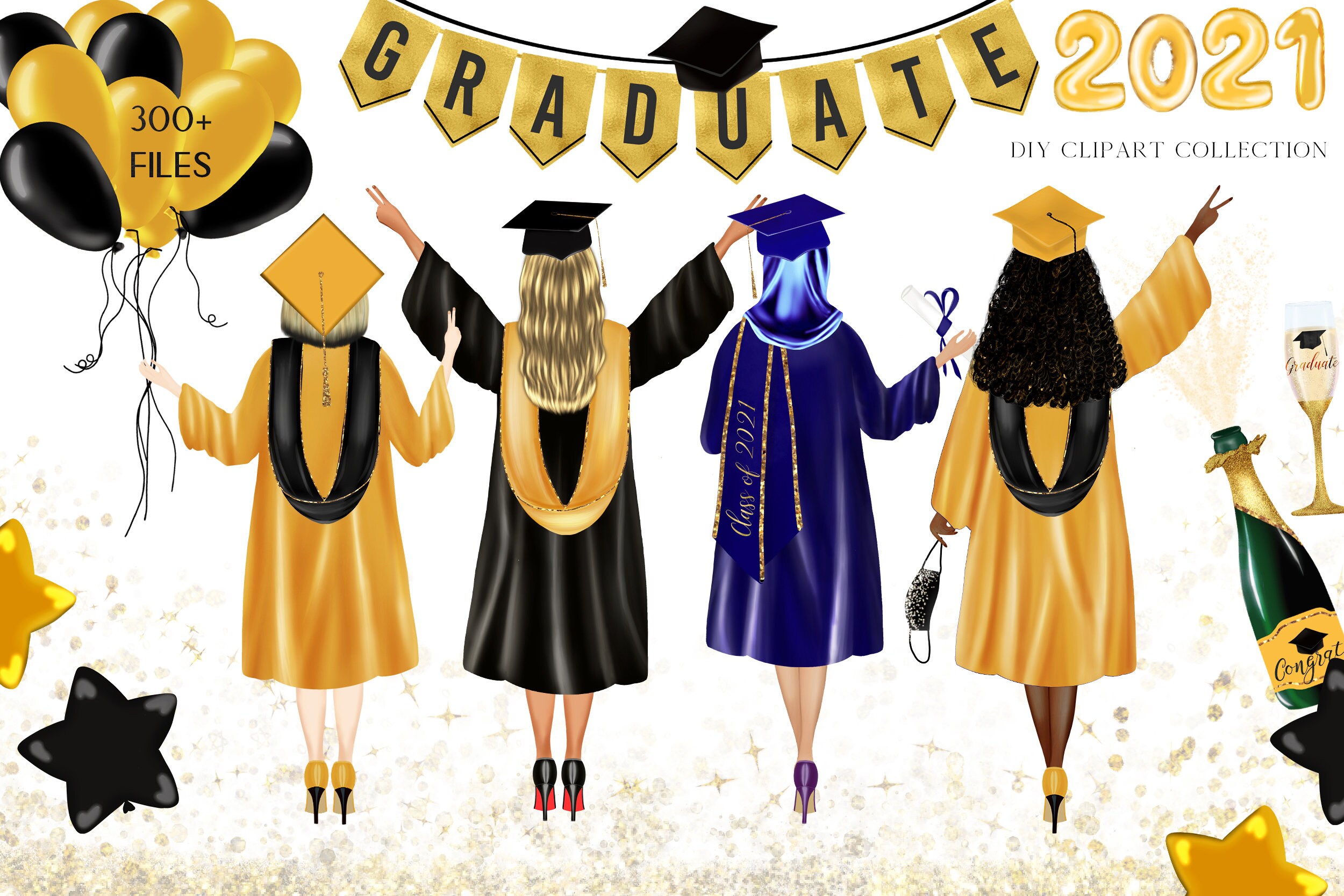 Graduation Bundle Clipart DIY portrait Graduating Girls and | Etsy