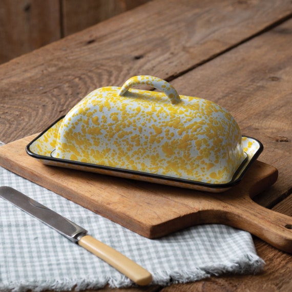 Kitchen & Dining Home & Living Yellow Speckled Enamelware Butter Dish ...