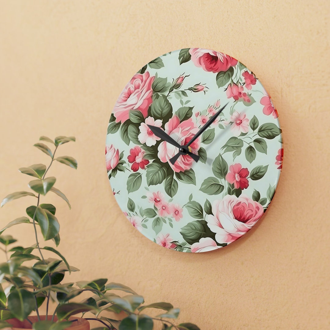 Vintage Floral Wall Clock Shabby Chic Rose Pattern Decor Cottagecore ...