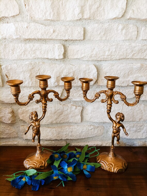 Pair of Golden Cherub Candlesticks - Etsy