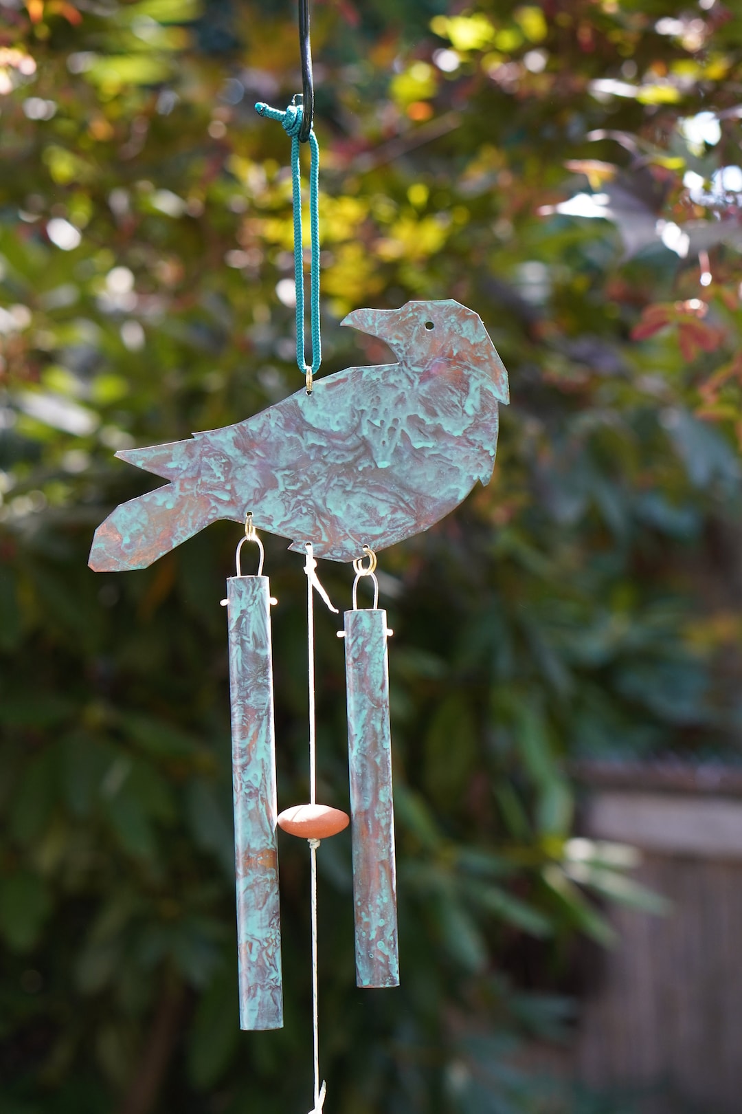 Copper Raven Wind Chime: Verdigris Patina, Crow Garden, Patio, or Entry ...