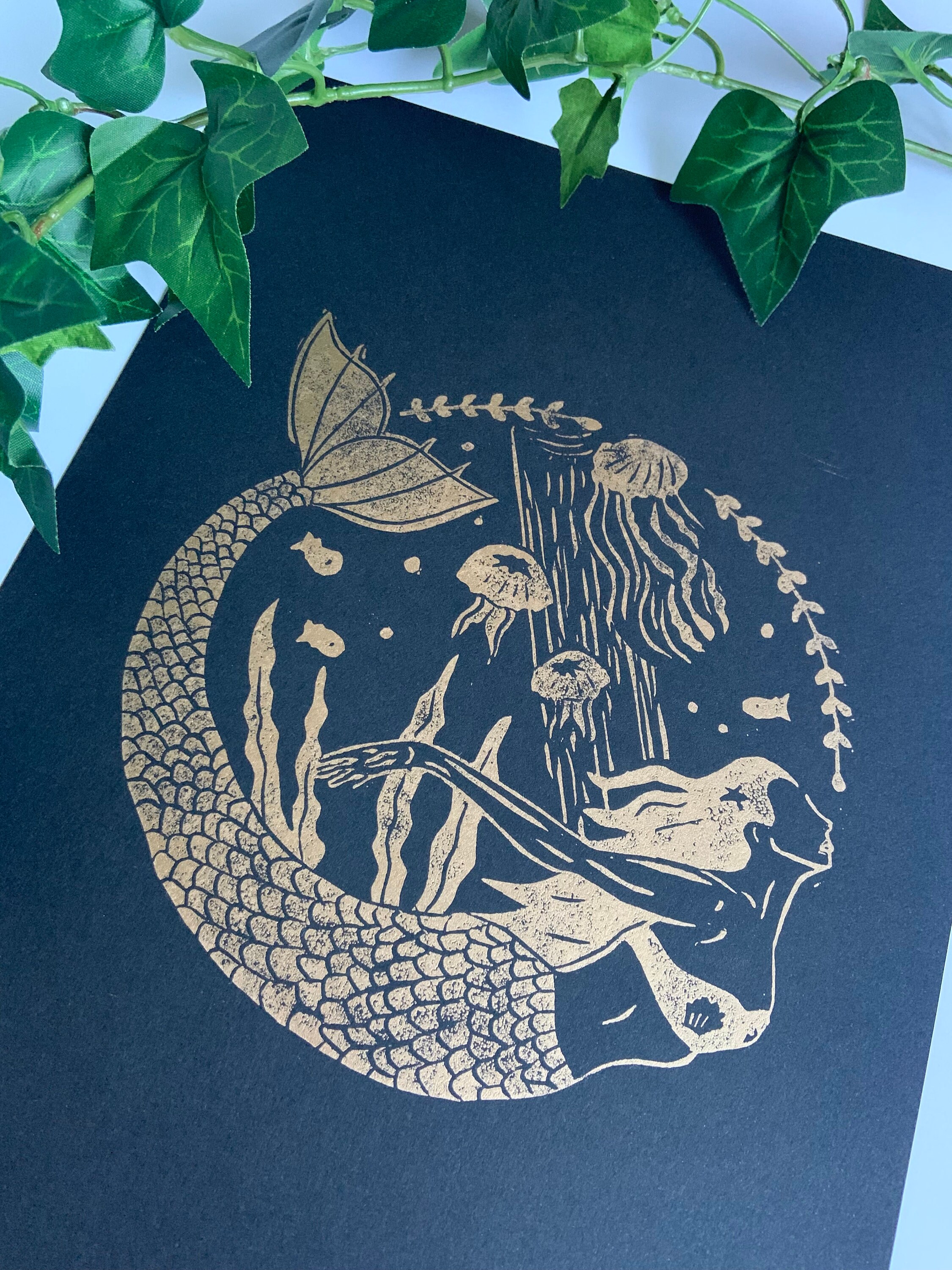 Mermaid Lino Print Underwater Scene Mythical Creature Sea Scotland Gold ...