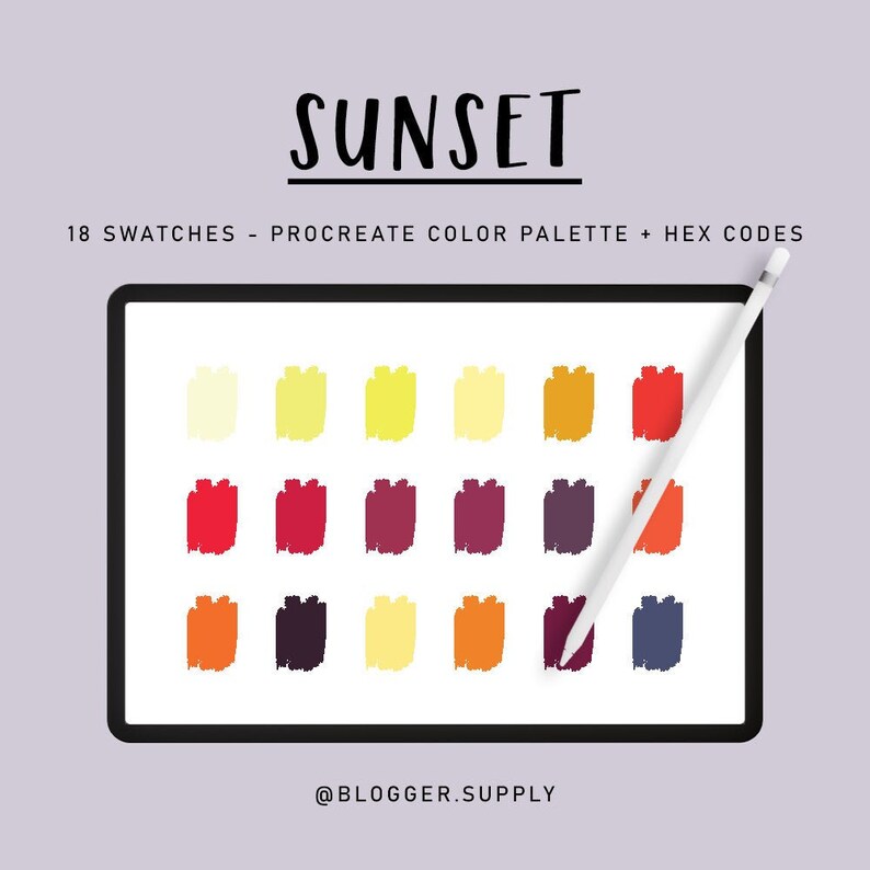 SUNSET PROCREATE Color Palette + Hex Color Codes - Red, Orange, Yellow ...