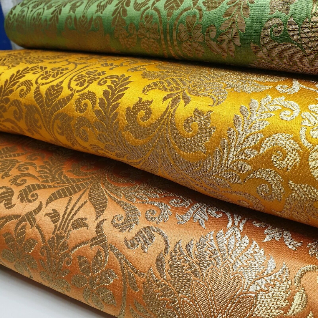 Ornamental Floral Gold Metallic Material Print Indian Banarasi Brocade ...