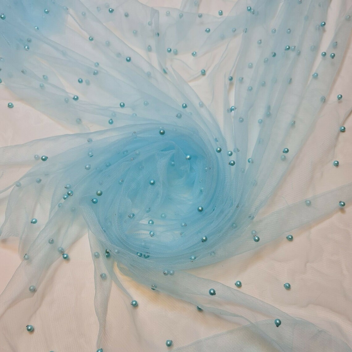 Pale Blue Tulle Beaded Pearl Lace Net Fabric Bridal Veil Wedding ...