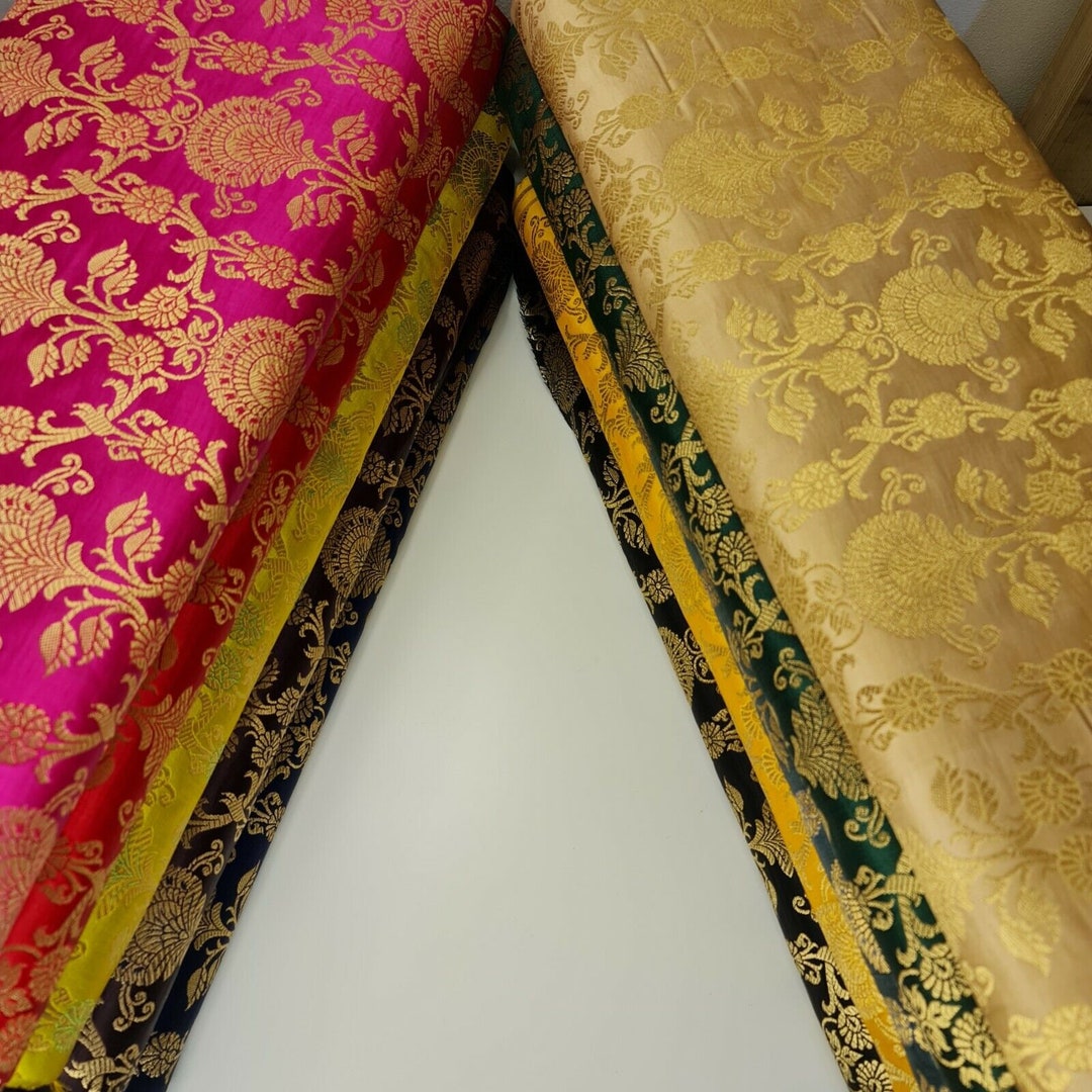 Floral Peacock Trail Brocade Fabric Gold Metallic Jacquard Dress Craft ...