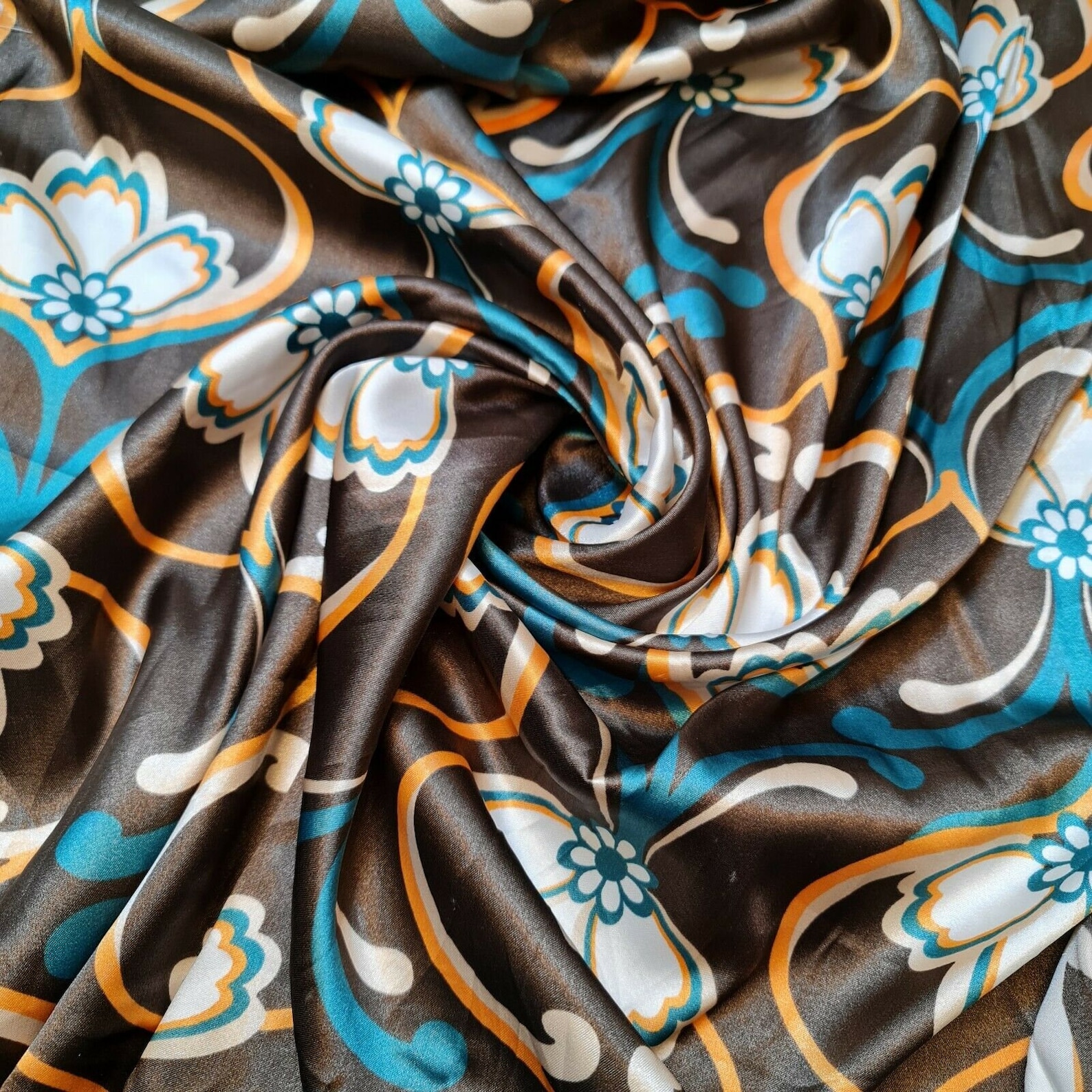 Brown Satin Soft Silk Finish Fabric Floral Print Dress Drape Material ...