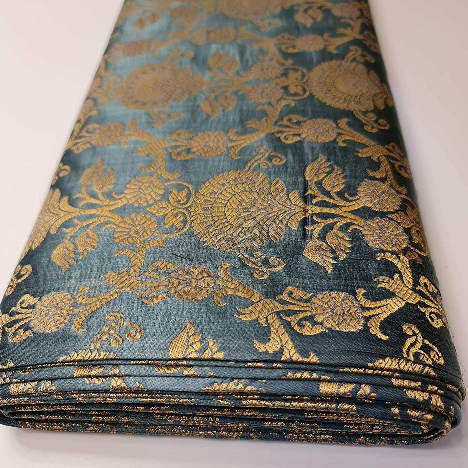 Peacock Trail Ornamental Floral Gold Metallic Print Indian Banarasi ...
