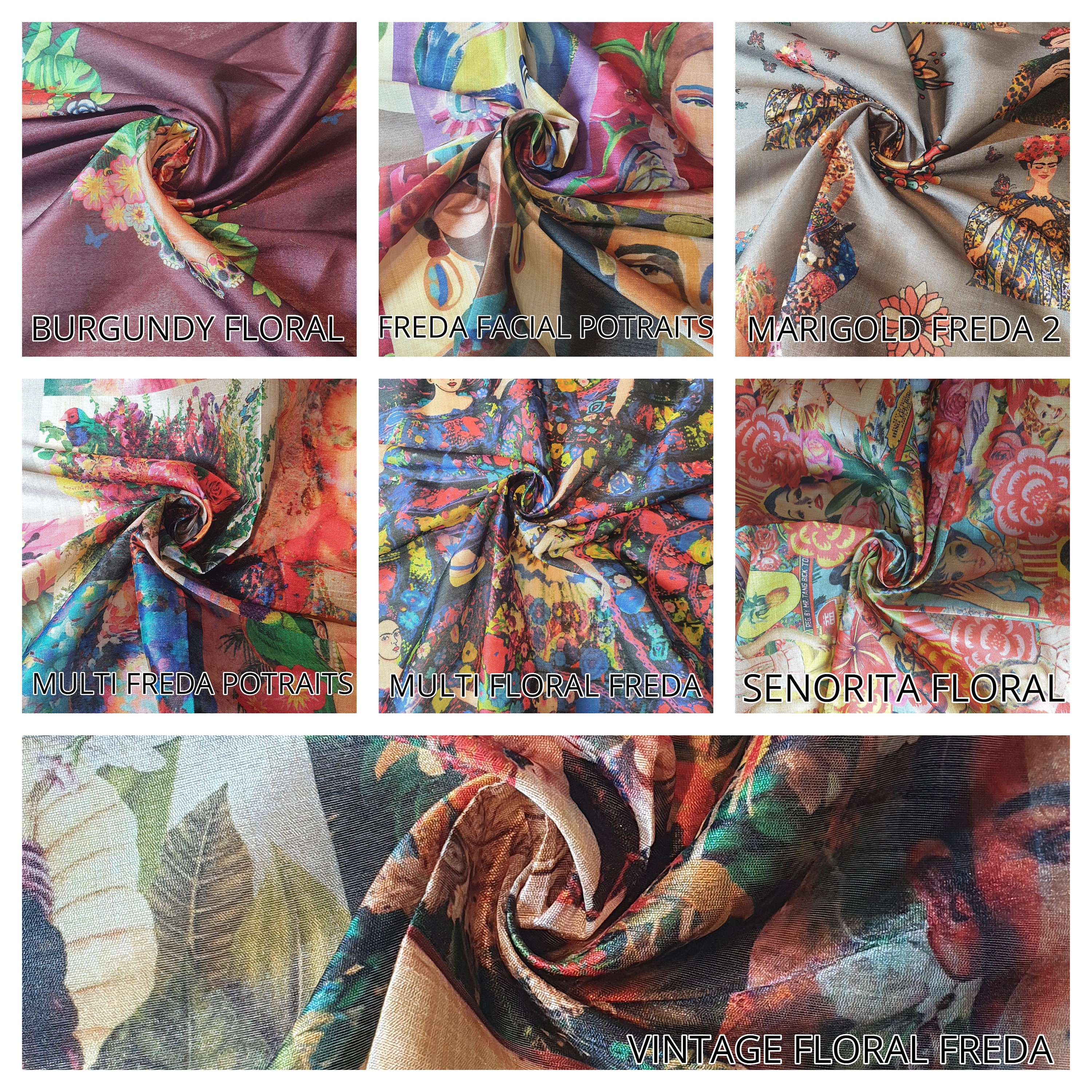 Frida Kahlo Print Raw Silk Fabric – Indian Heritage Floral Digital ...