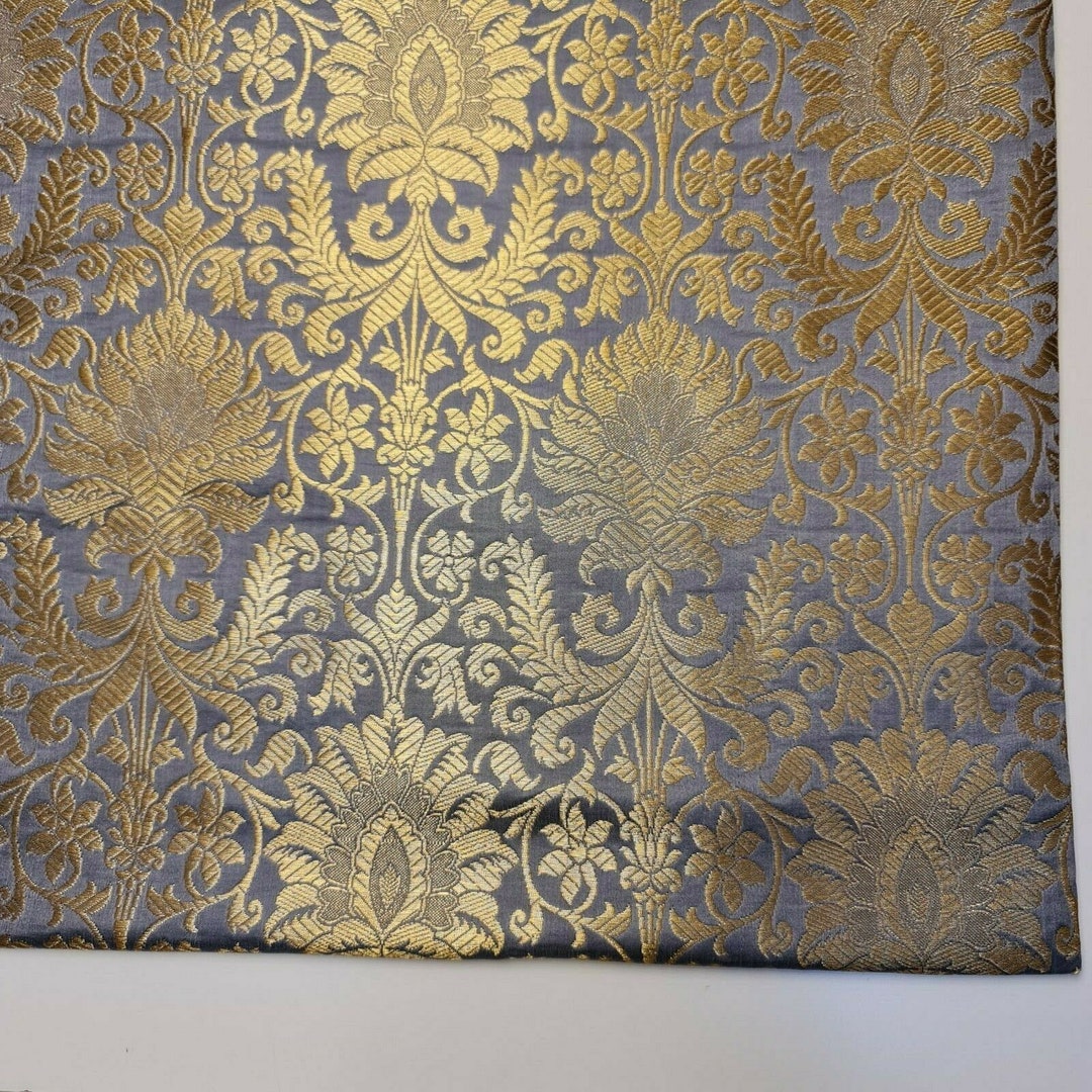 Marl Grey Damask Floral Leaf Gold Metallic Indian Banarasi Brocade ...