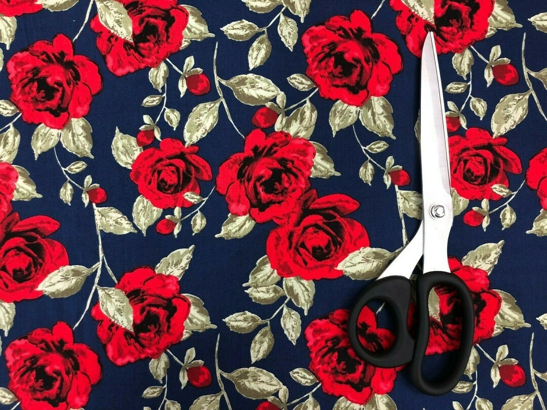 100% Cotton Poplin Red Rose Print Fabric Dress Craft Soft Fabric 58 ...