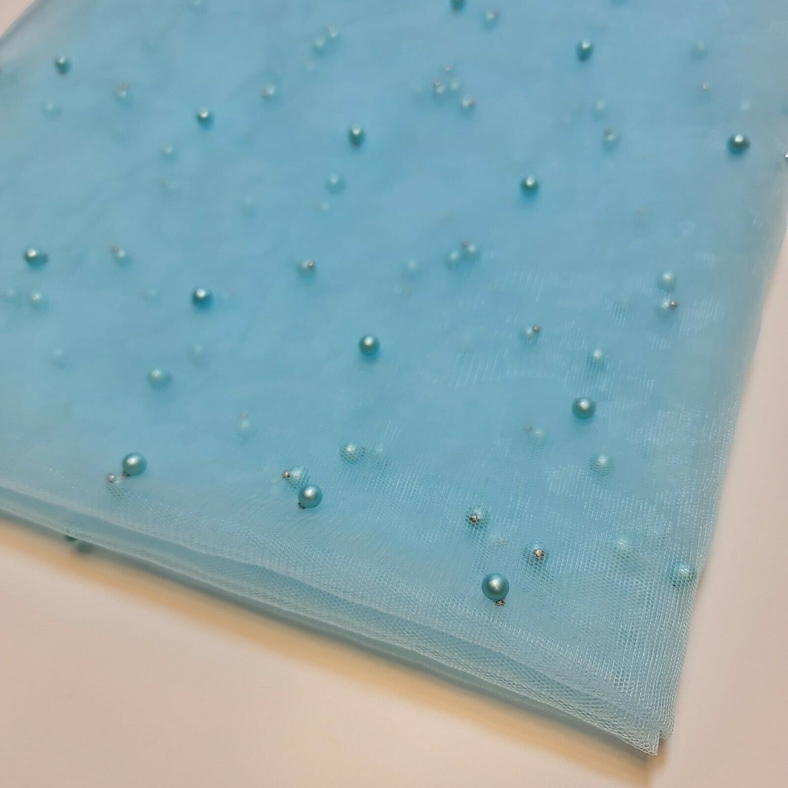 Pale Blue Tulle Beaded Pearl Lace Net Fabric Bridal Veil Wedding ...