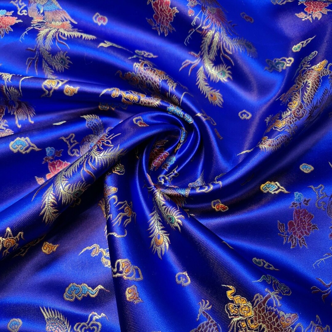 Royal Blue Traditional Chinese Embroidered Brocade Fabric Silky Satin ...