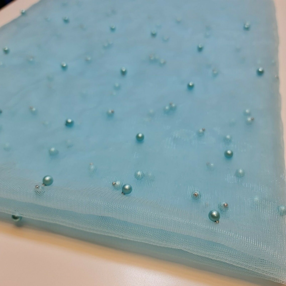 Pale Blue Tulle Beaded Pearl Lace Net Fabric Bridal Veil Wedding ...
