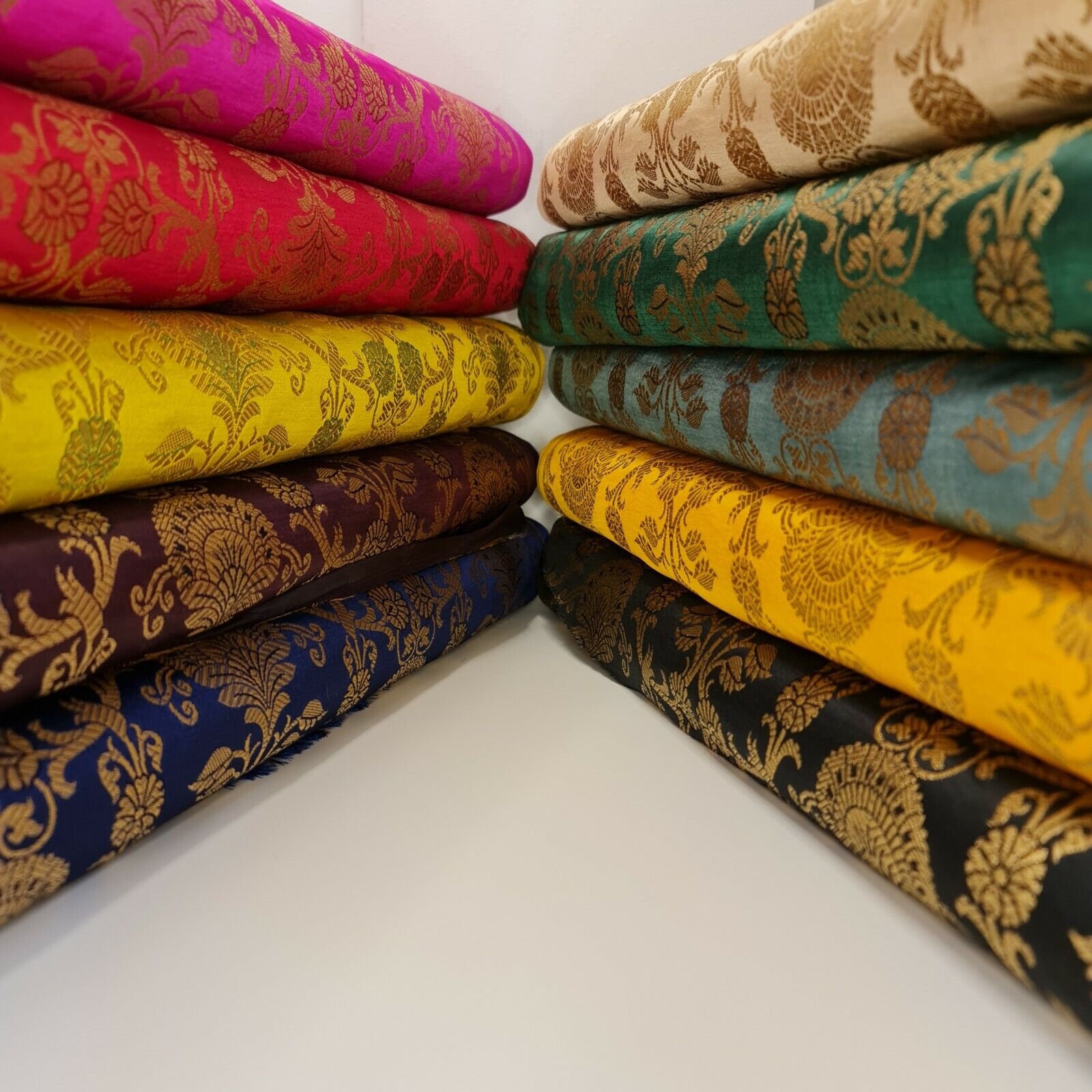 Floral Peacock Trail Brocade Fabric Gold Metallic Jacquard Dress Craft ...