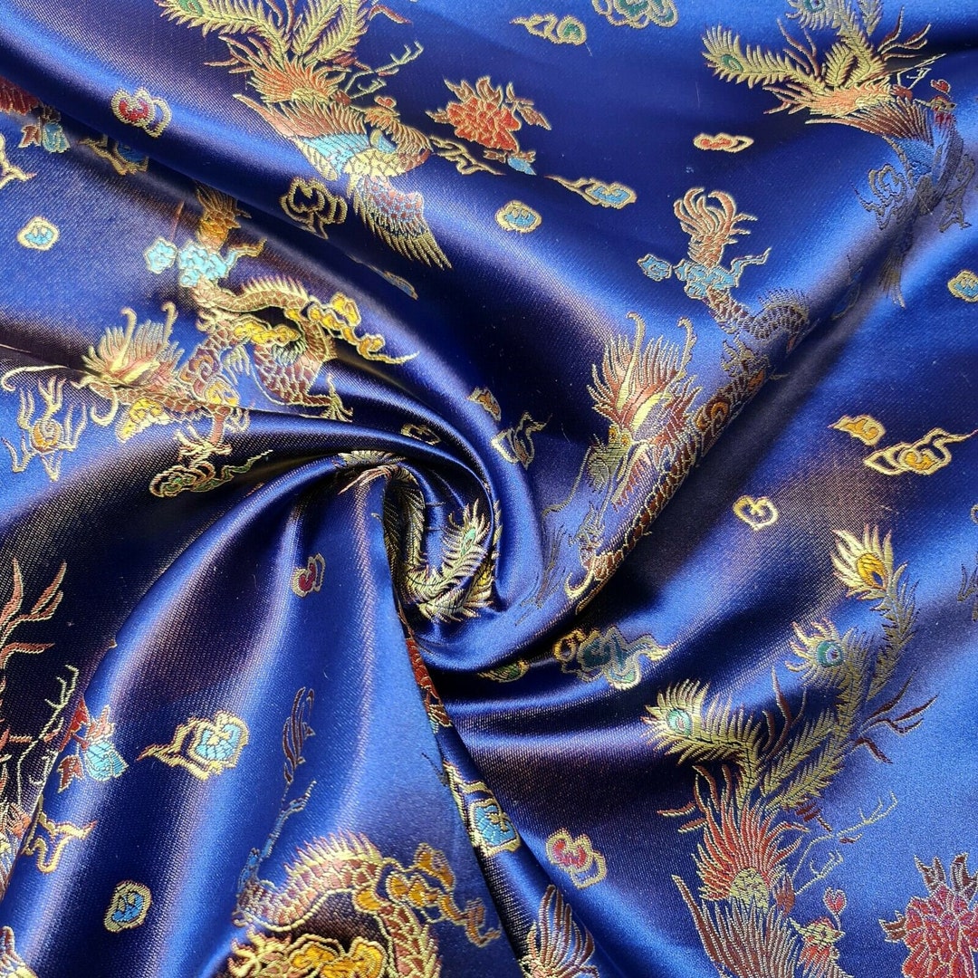 Navy Blue Traditional Chinese Embroidered Brocade Fabric Silky Satin ...