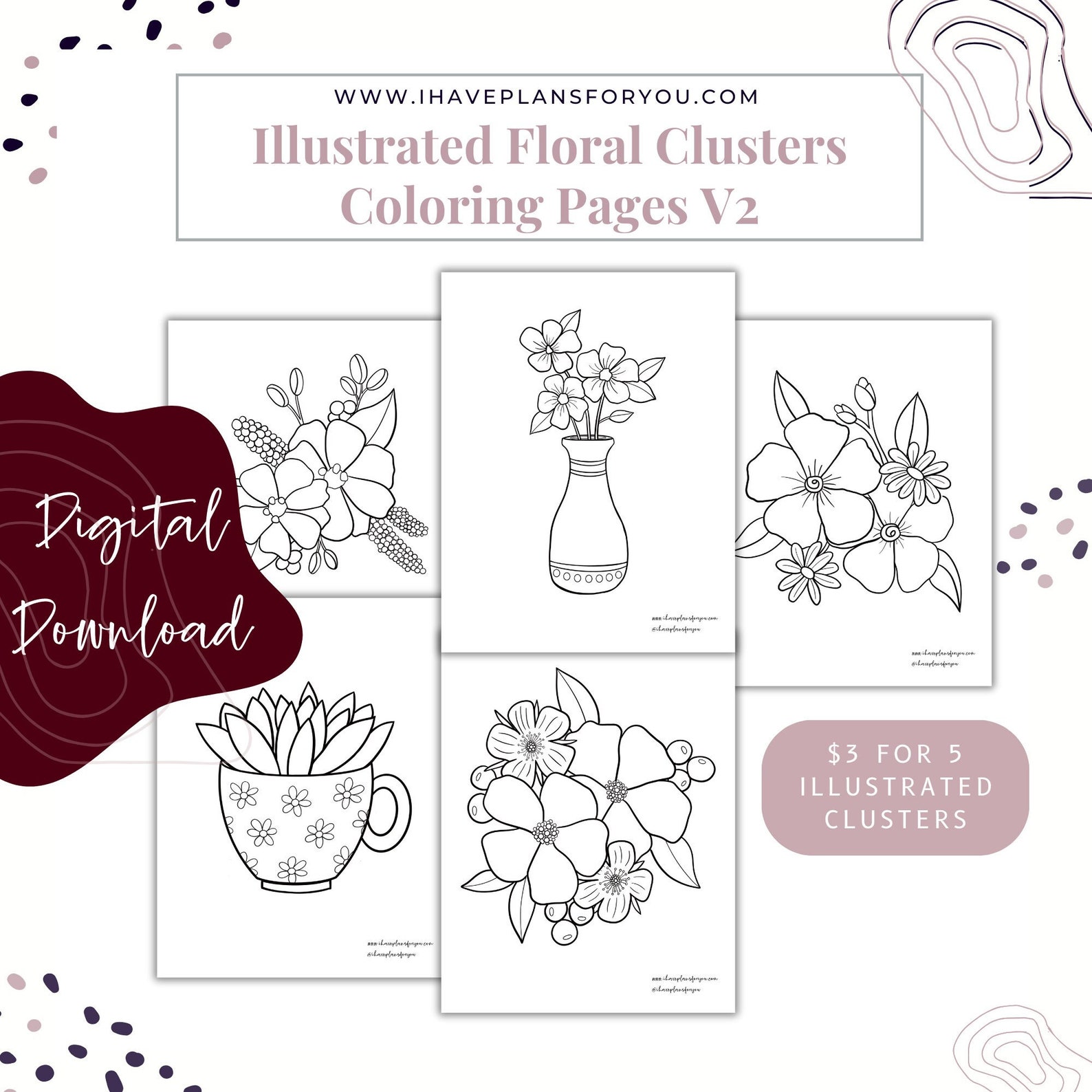 Illustrated Floral Cluster Coloring Pages Hand Drawn Printable Download ...