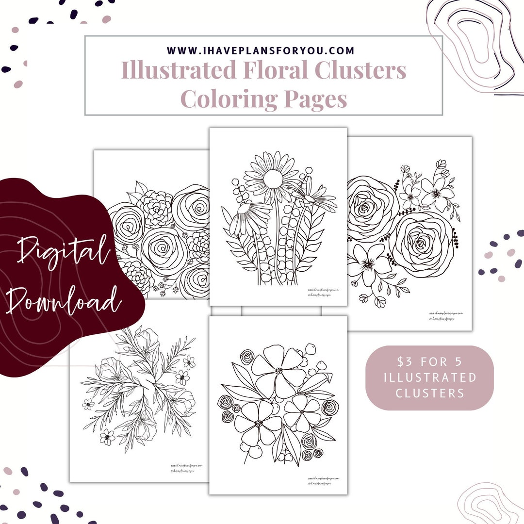 Illustrated Floral Cluster Coloring Pages Hand Drawn Printable Download ...
