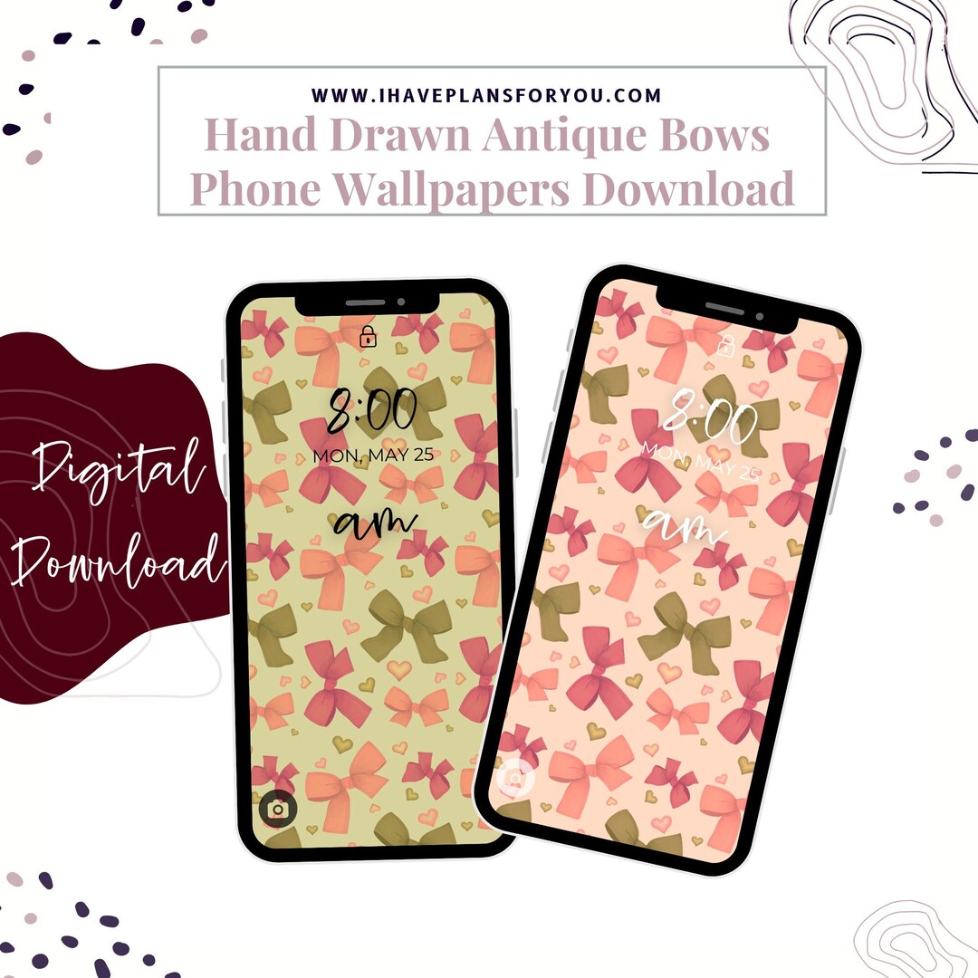Set of 2 Phone Wallpapers Hand Drawn Phone Wallpapers With Antique Bow ...