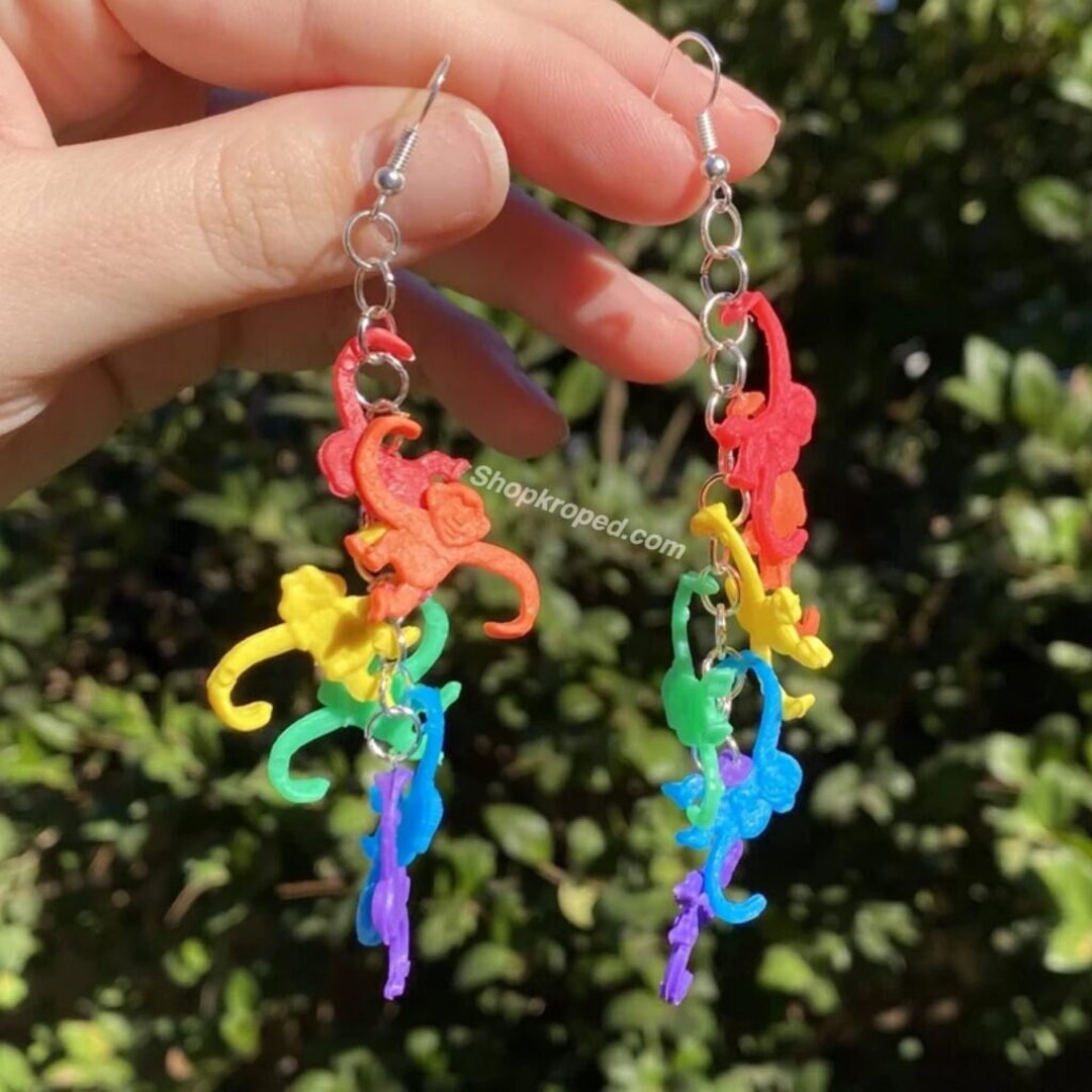Rainbow Monkey Chain Dangle Earrings Barrel Game Pride Light - Etsy