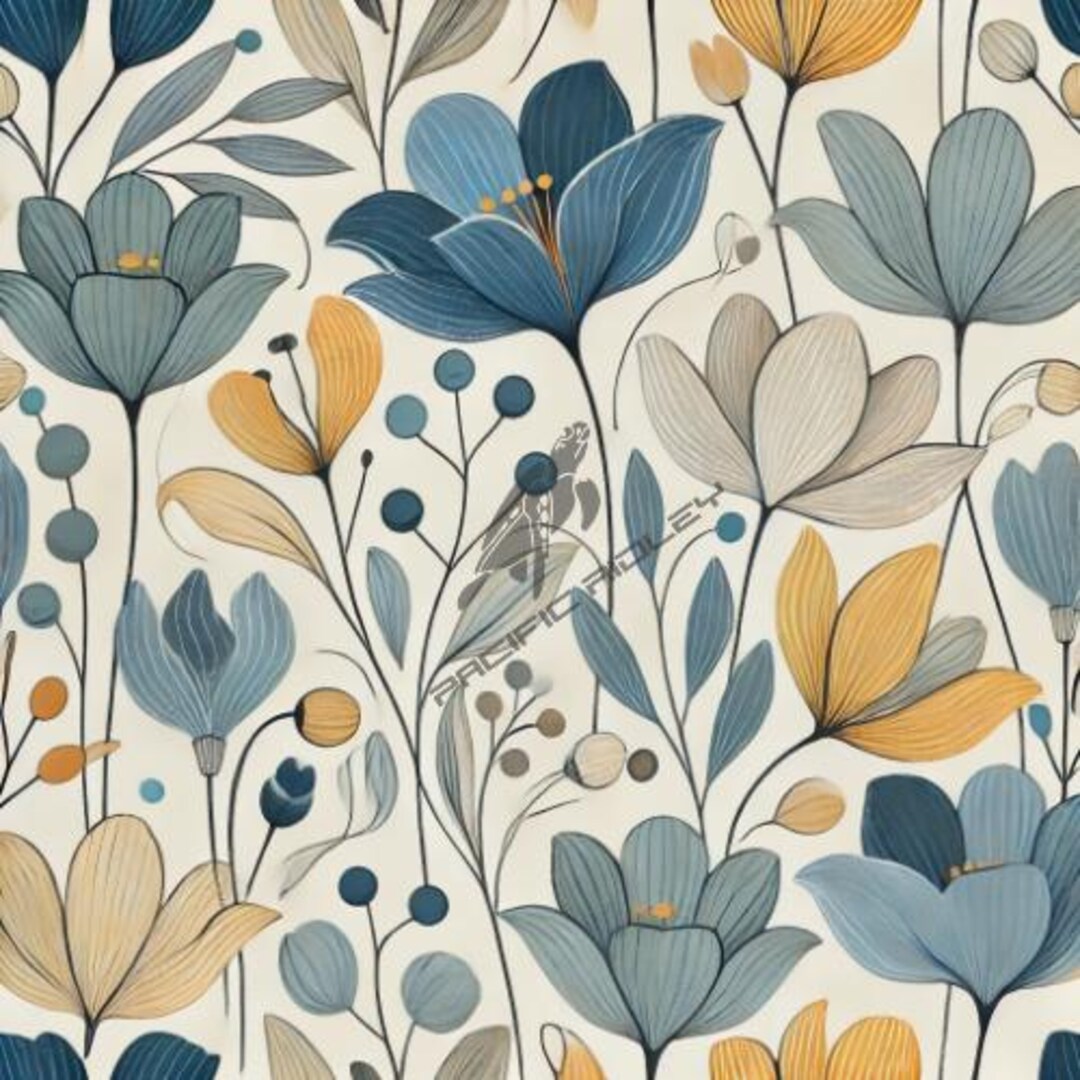Minimalist Floral Seamless Pattern | Blue & Yellow Natural Design ...