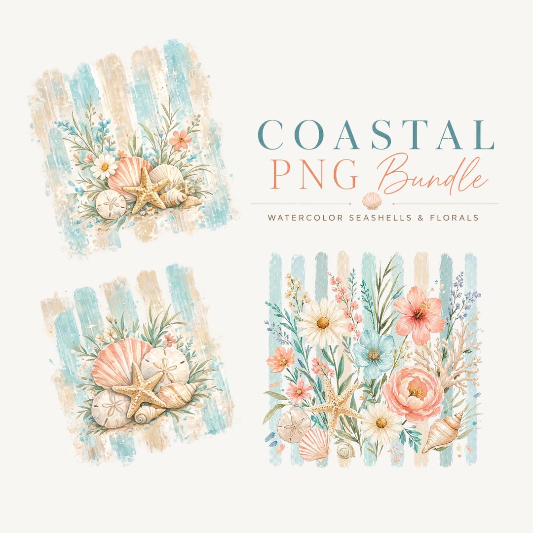Coastal PNG Bundle, Beach Clipart PNG, Seashell Floral PNG, Summer ...
