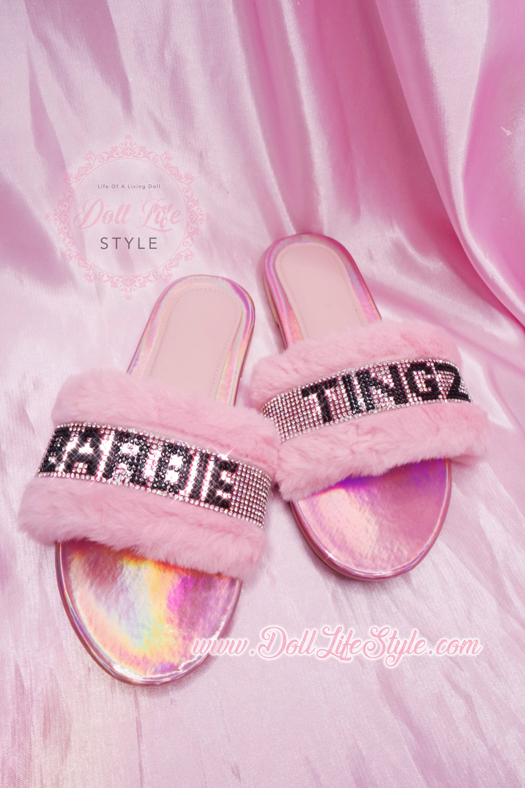 Pink Faux Fur Bling Barbie Thingz Slippers Pink Faux Fur Slides Crystal ...