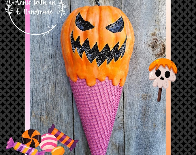 Halloween Pumpkin Ice Cream Cone Jack O Lantern Face Spooky Ice Cream