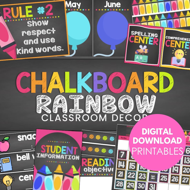 Chalkboard Bright Classroom Decor Bundle Printable Back to School Decor ...