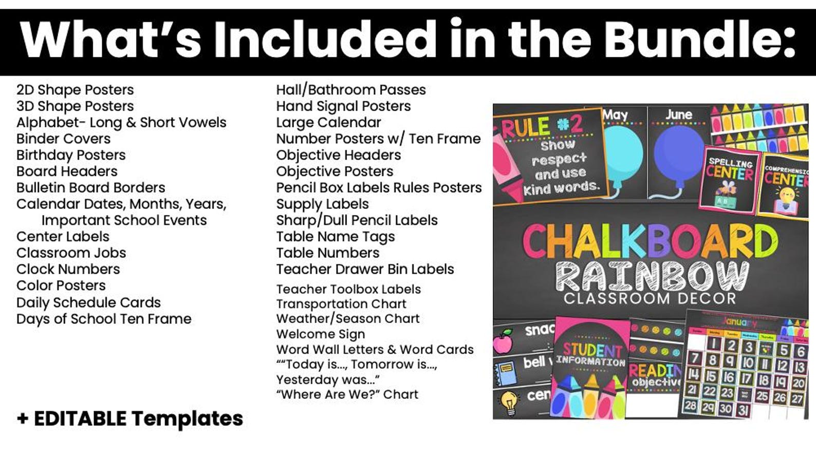 Chalkboard Bright Classroom Decor Bundle Printable Back to School Decor ...