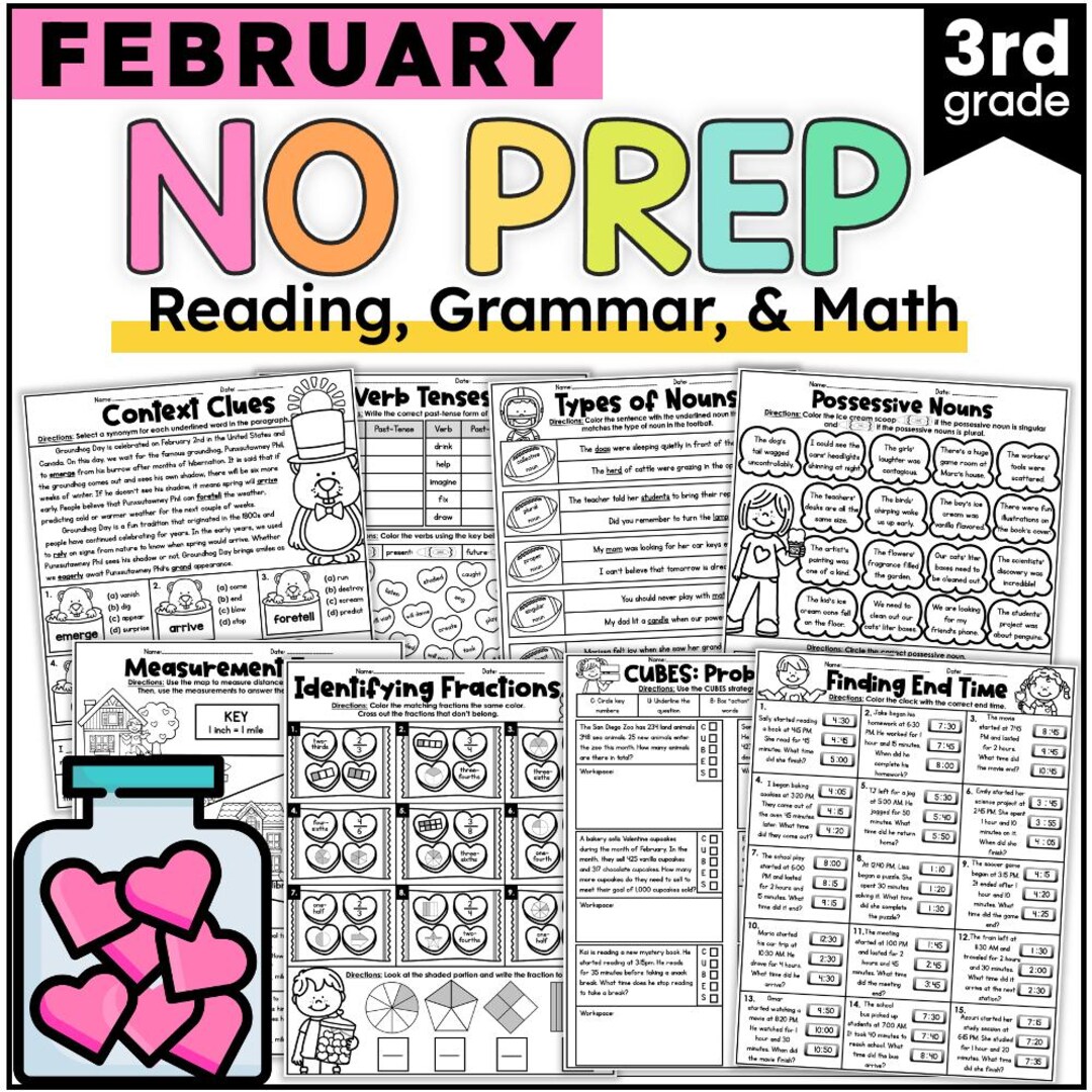3rd Grade February Worksheets: Math, Reading, Grammar- Homeschool ...