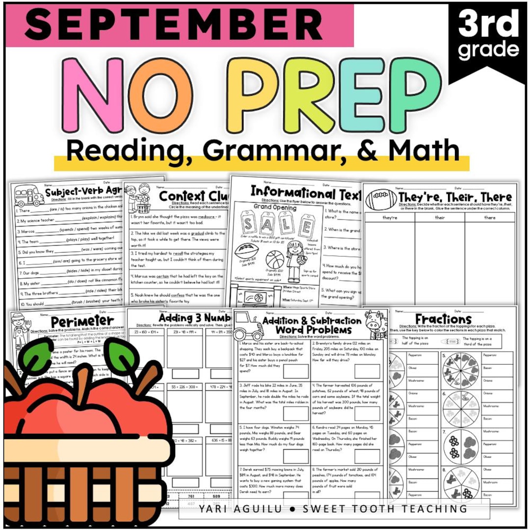 3rd Grade September Review Worksheets: Math, Reading, Grammar ...